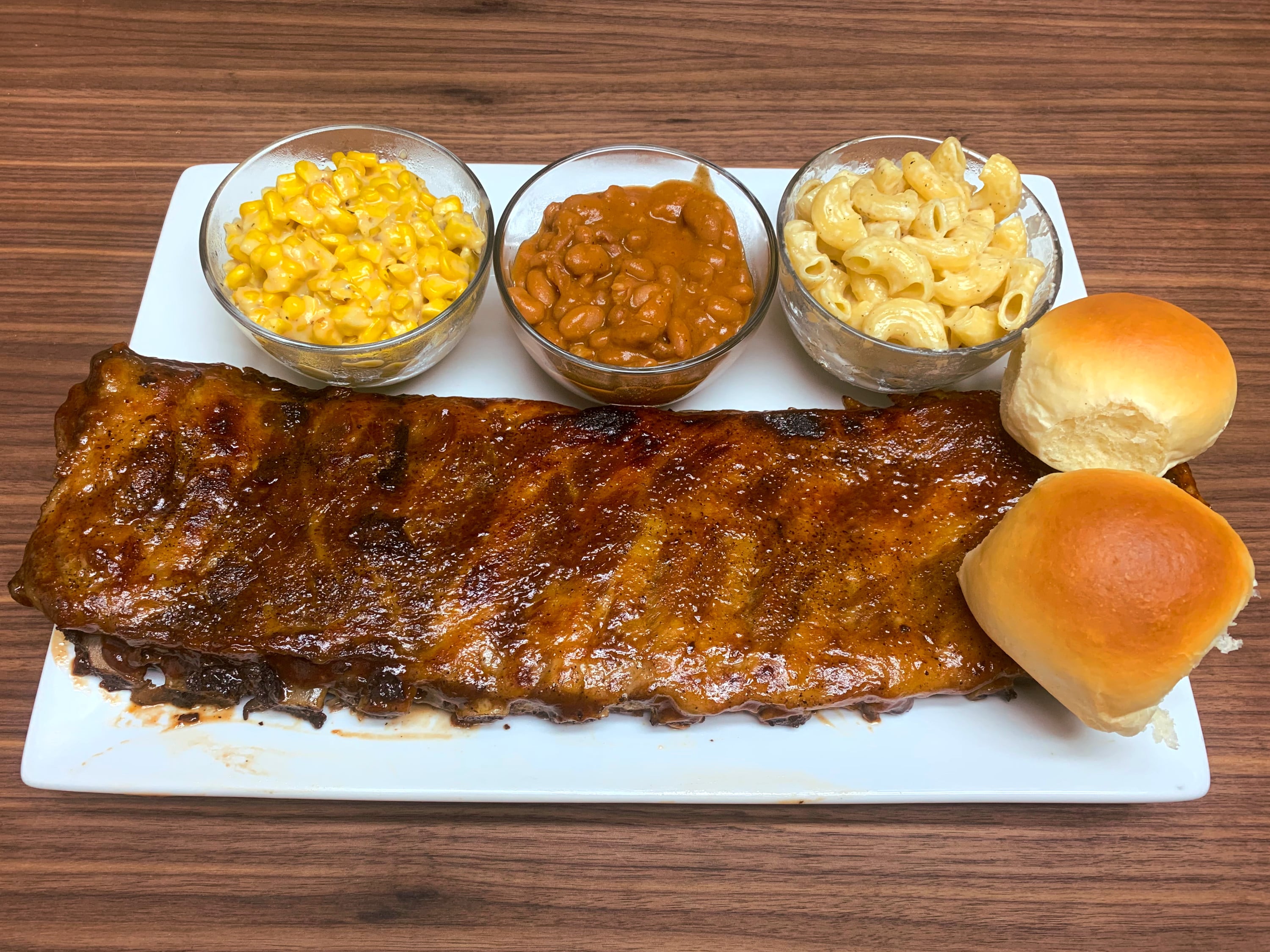 [Homemade] St. Louis Style Ribs, creamed corn, ranch style beans, mac ...