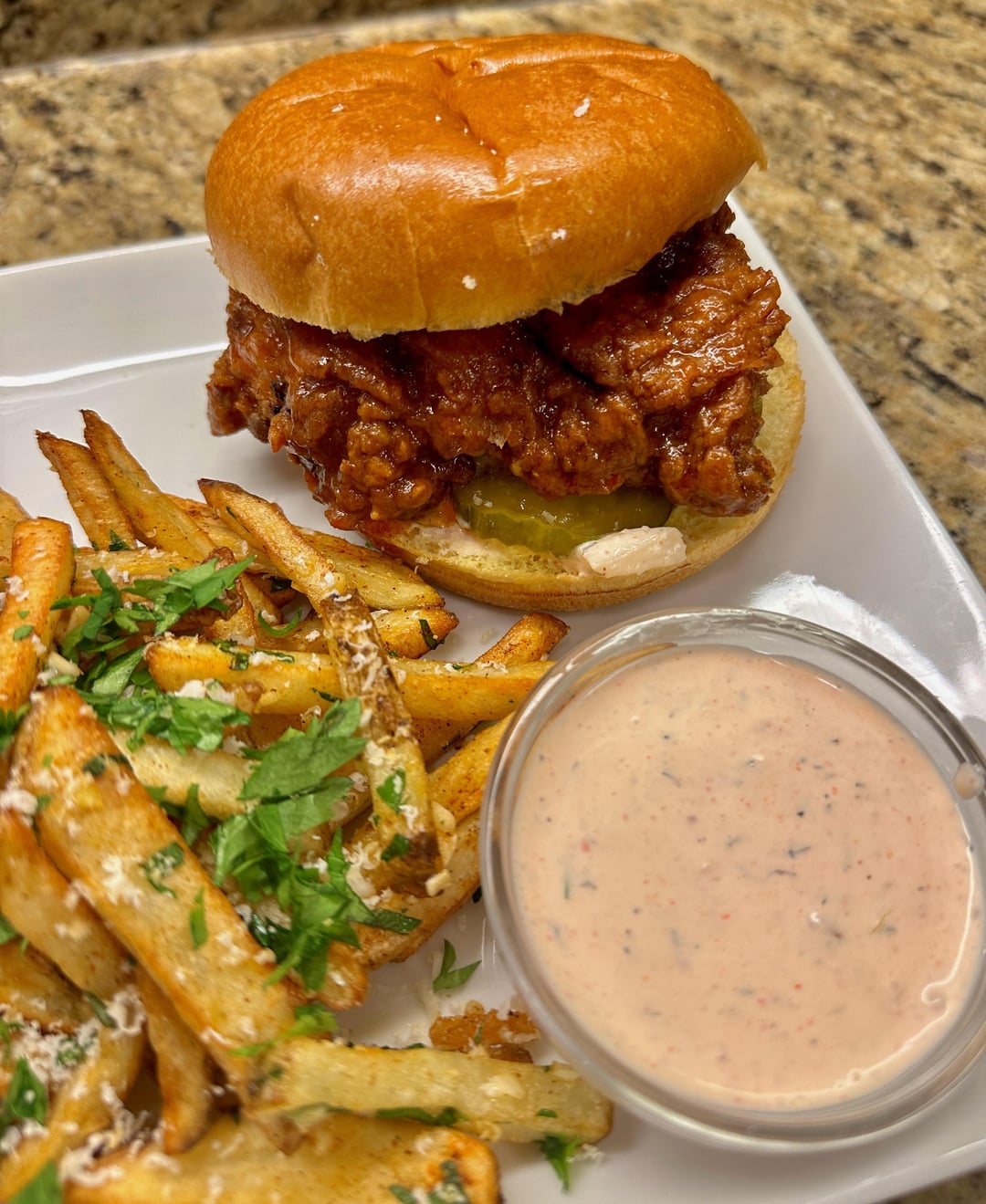 [Homemade] Hot Honey Chicken Sandwich, Garlic Fries, & Kimchi Ranch ...