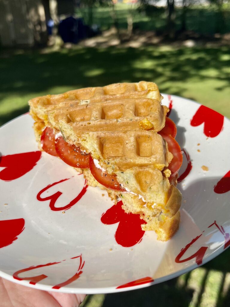 Tomato sando on waffleized quiche - Dining and Cooking