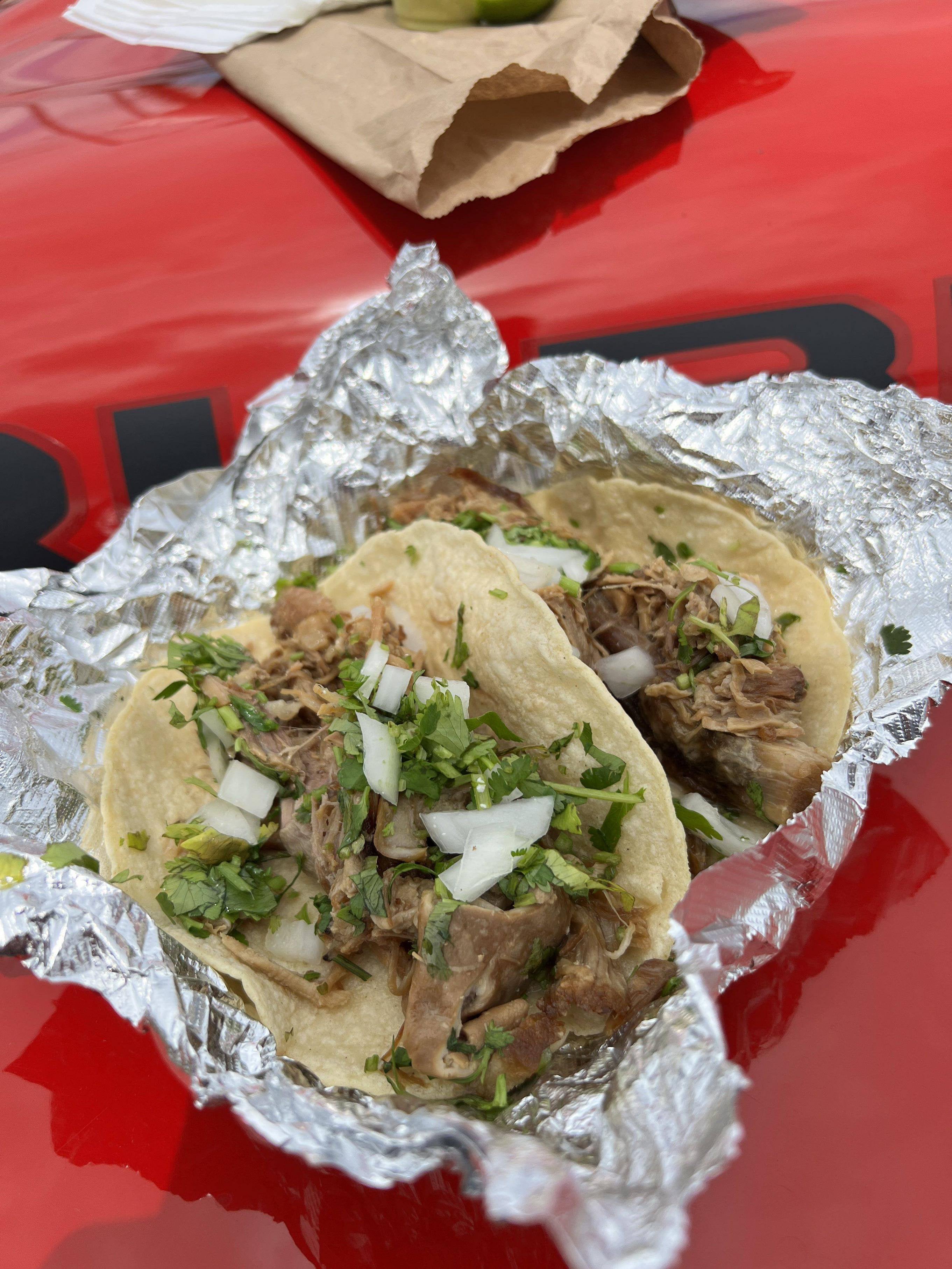 Carnitas Street Tacos on the hood of my Jeep - Dining and Cooking