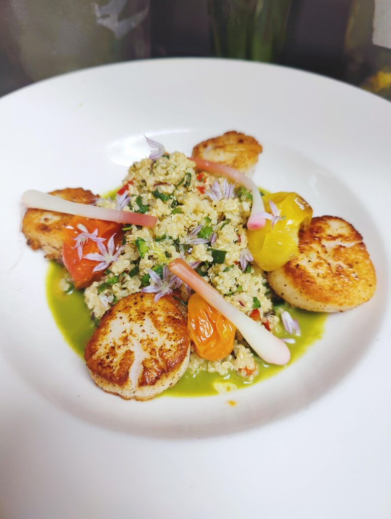 seared scallops, quinoa taboulleh, basil citrus vinaigrette, bursted ...