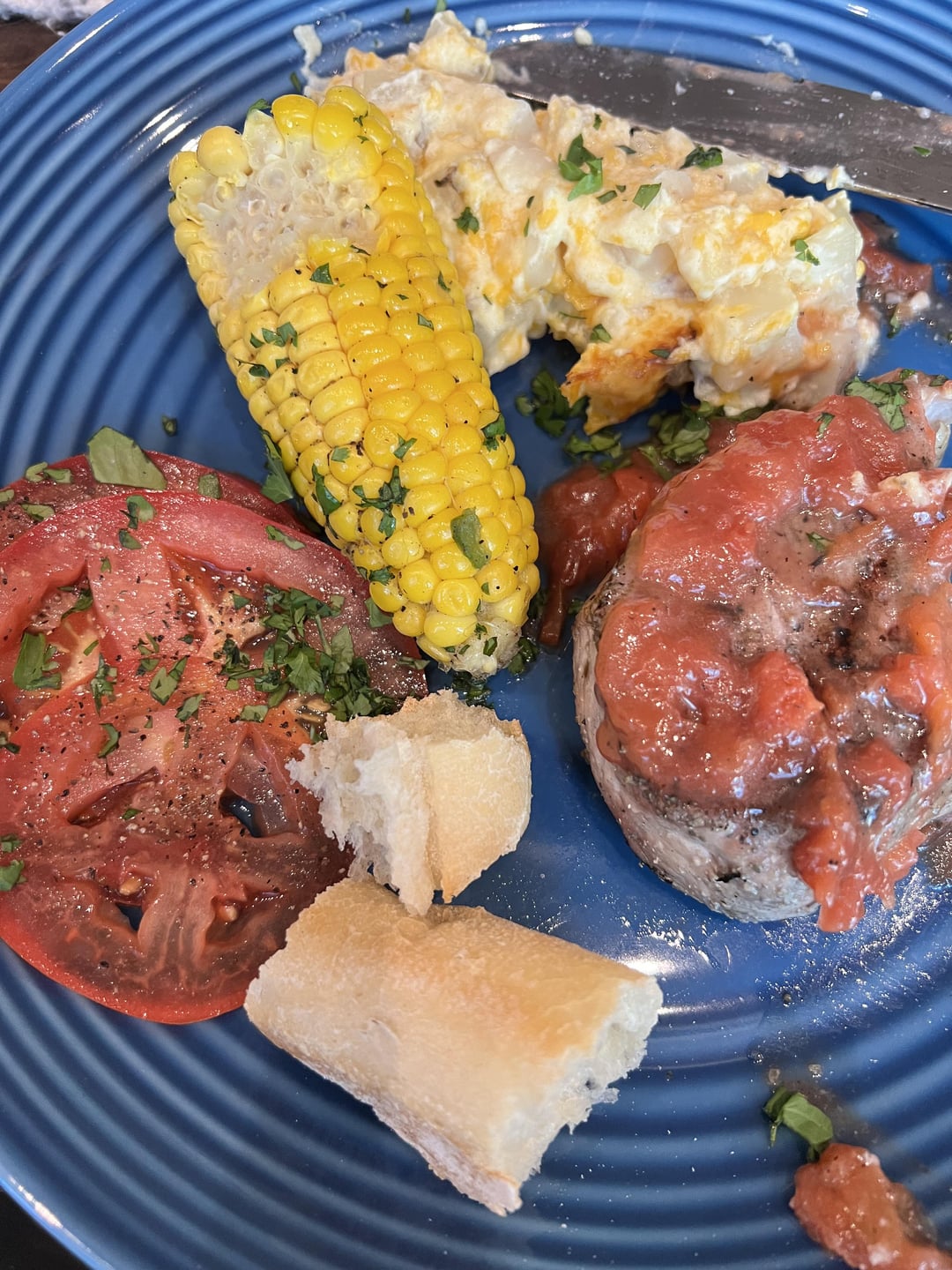 [homemade] Grilled chops with bourbon glazed peaches, spicy corn, fresh ...