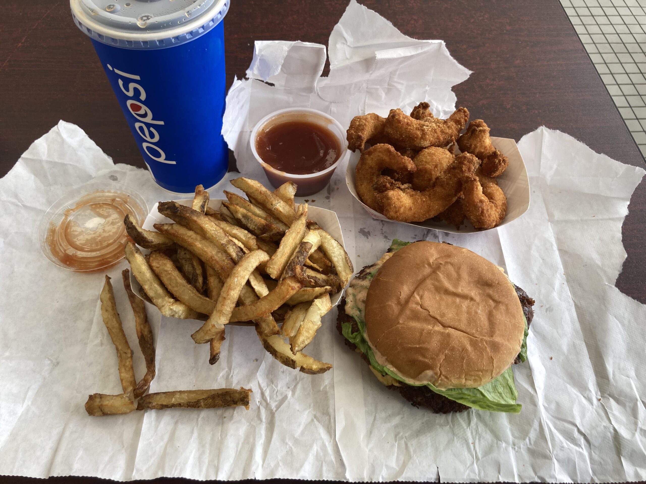 Red hot ranch double with fries and fried shrimp - Dining and Cooking