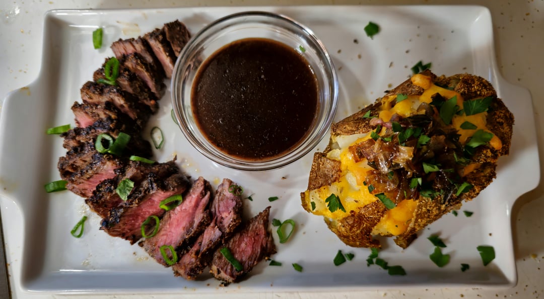 Steak w/ Red Wine Pan Sauce & Cheddar Baked Potato w/ Whiskey Onions ...