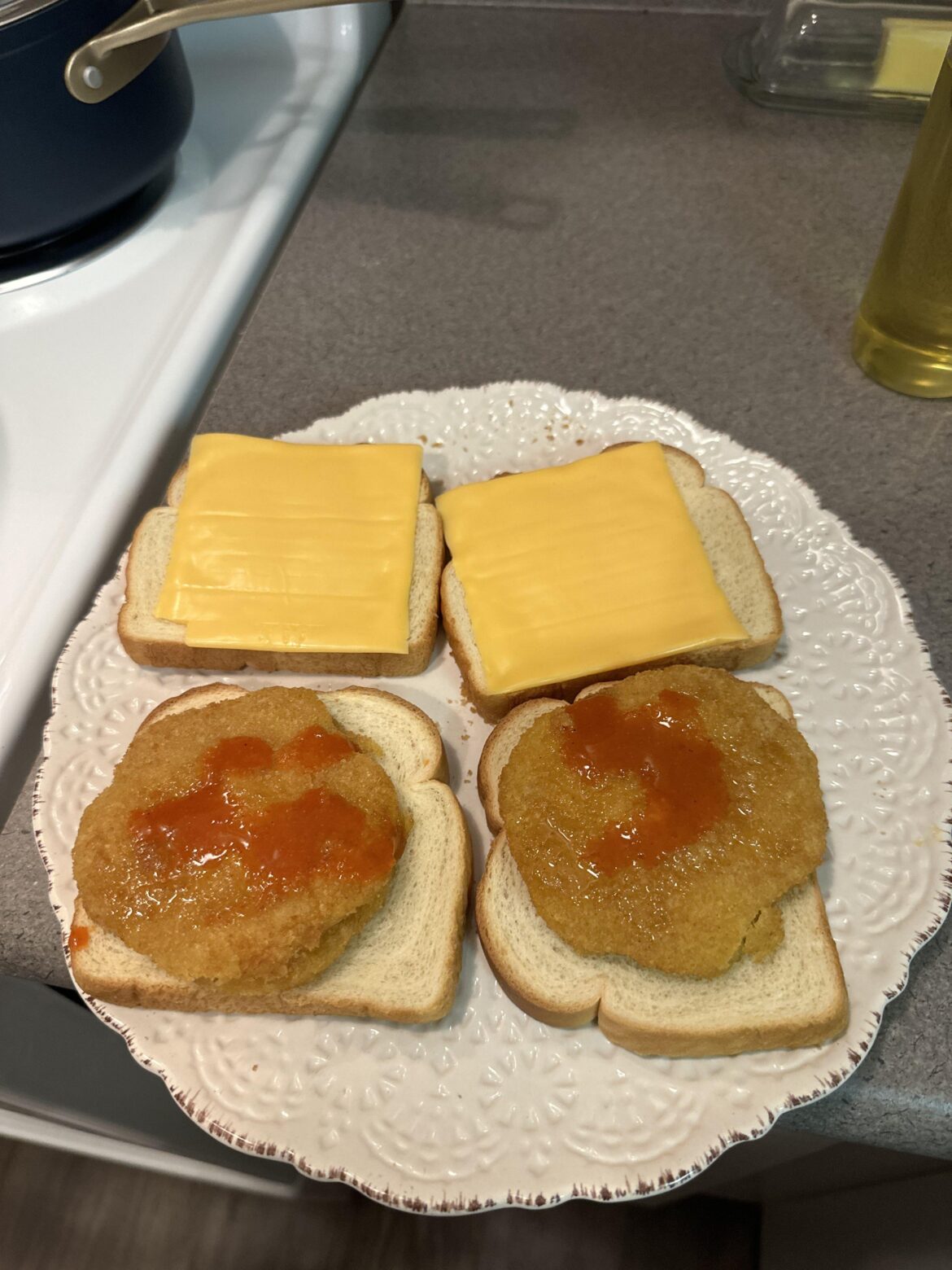 A delicious Vegetarian Dinner: an impossible chicken patty, honey, hot ...