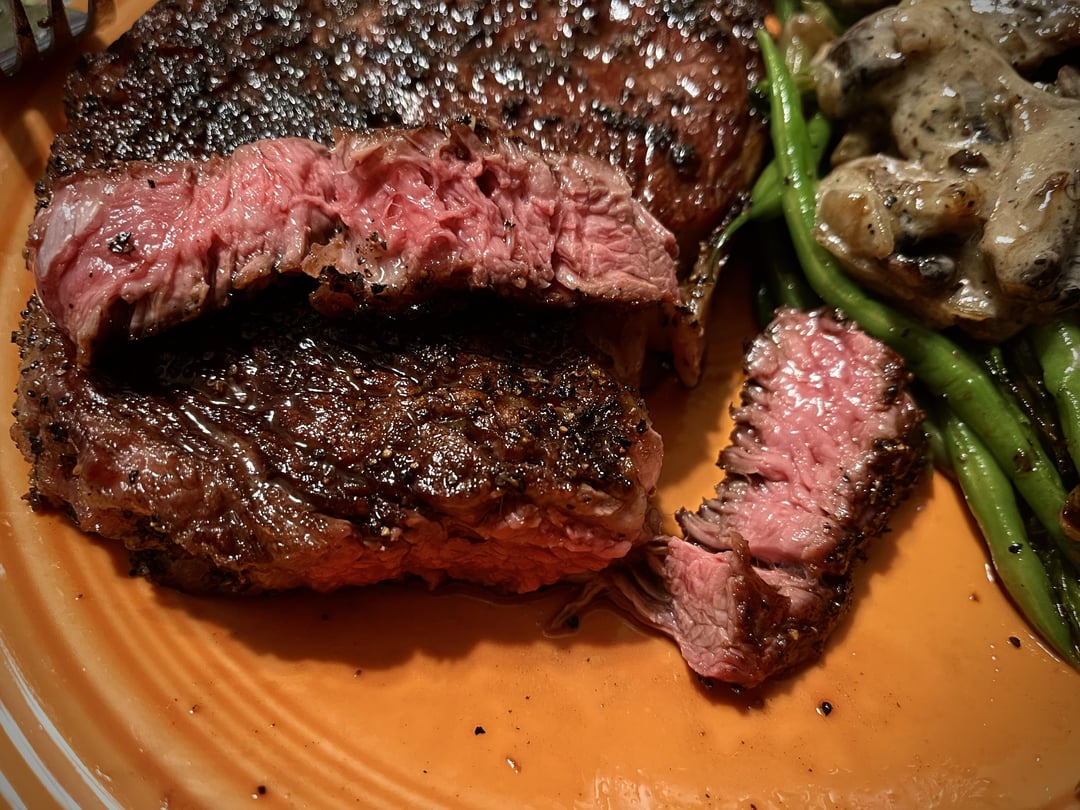 Cast iron ribeye, French beans with mushroom and onion gravy - Dining ...