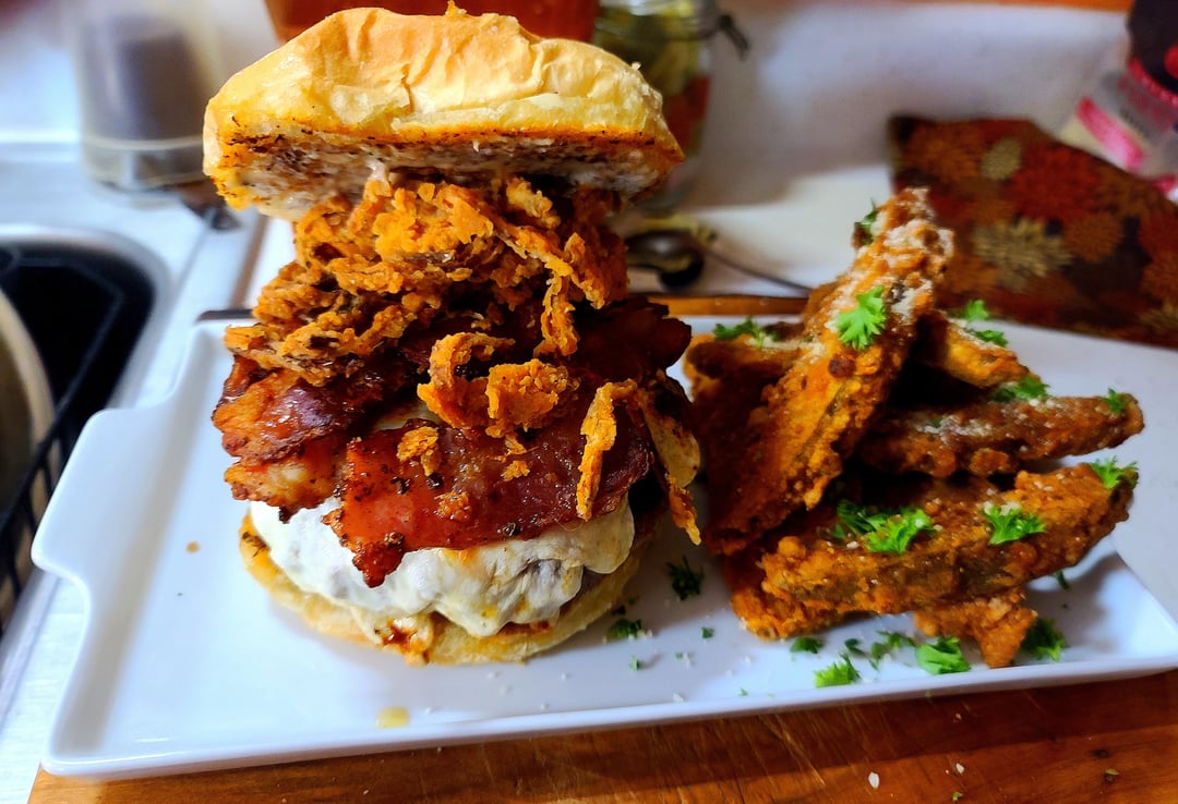 Bacon Cheeseburger w/ Crispy Potato Wedges & Haystack Onions - Dining ...