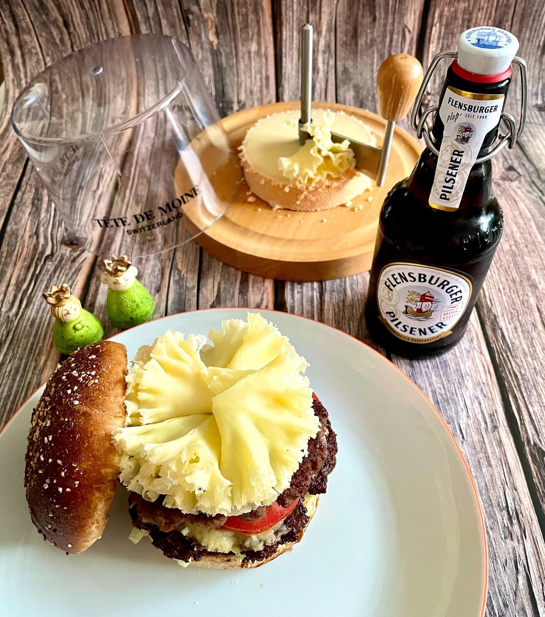 Double smashed cheeseburger with tête de moine, tomato, lettuce and ...