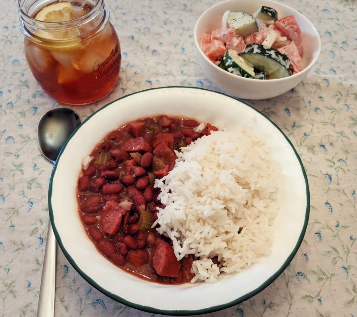 Red beans and rice, cucumber and tomato salad. - Dining and Cooking