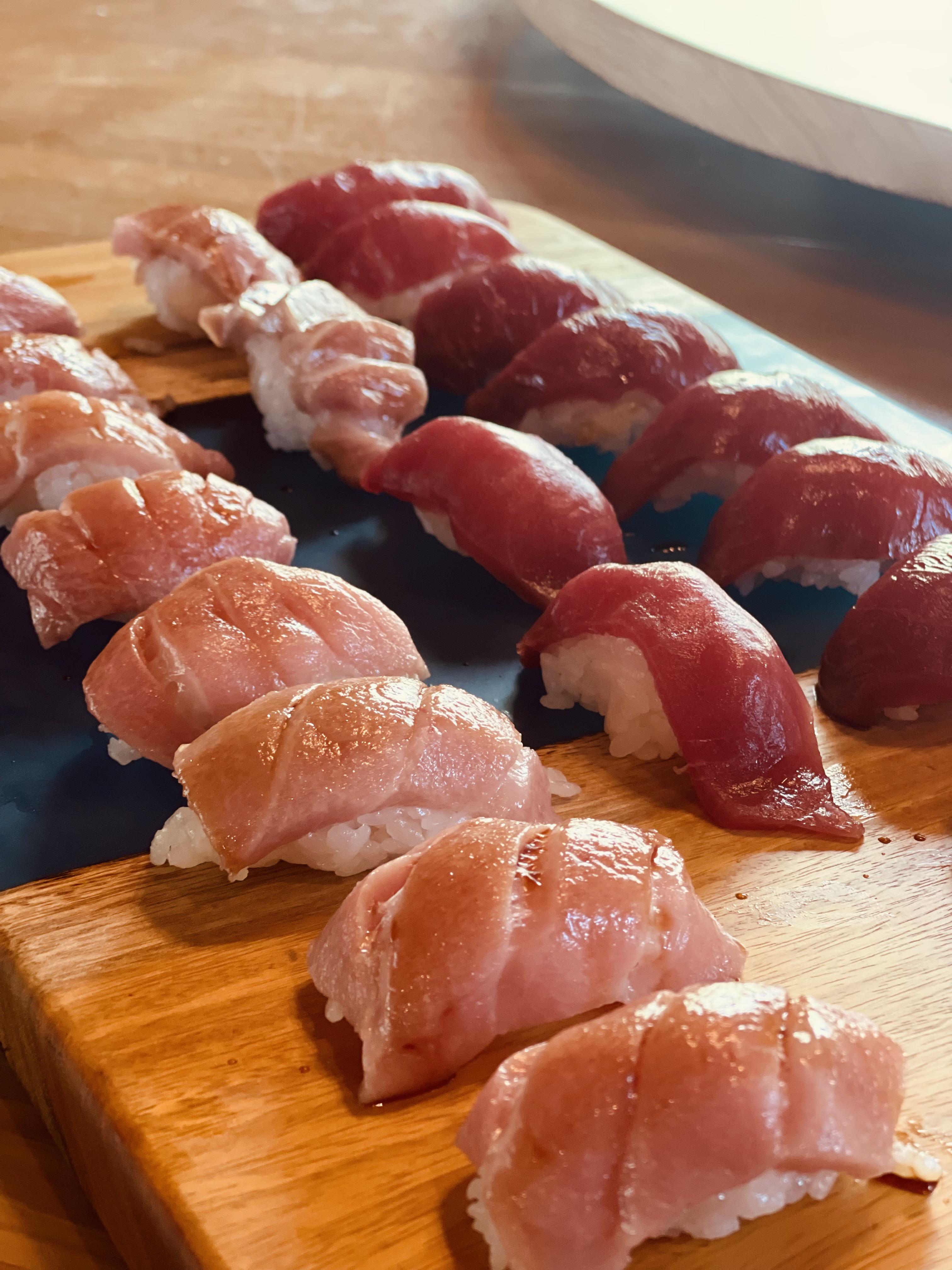 First time making nigiri. Toro and Akami with koshihikari rice ...
