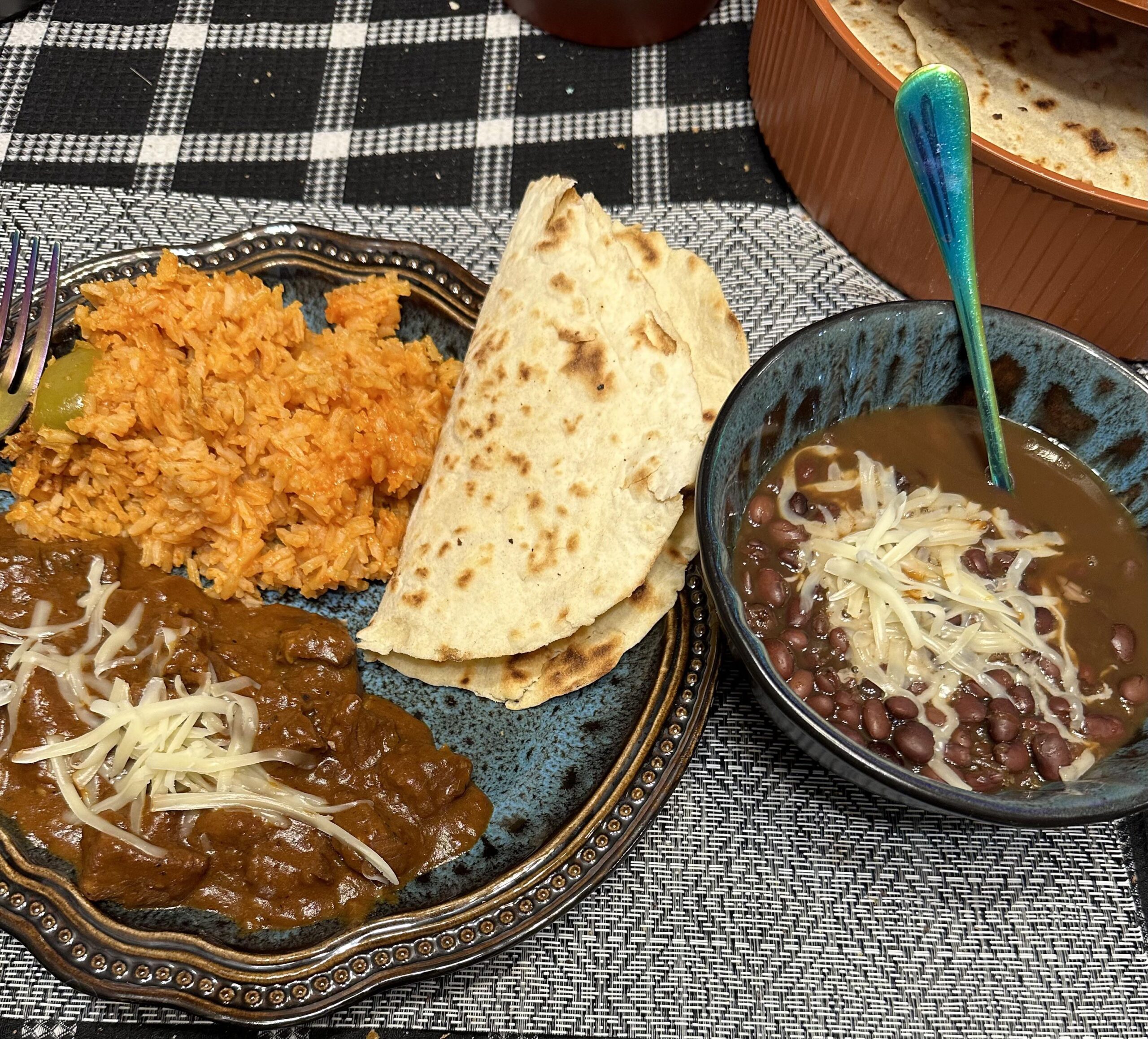 Carne Guisada, Mexican Rice, Black Beans, and Homemade Flour Tortillas ...