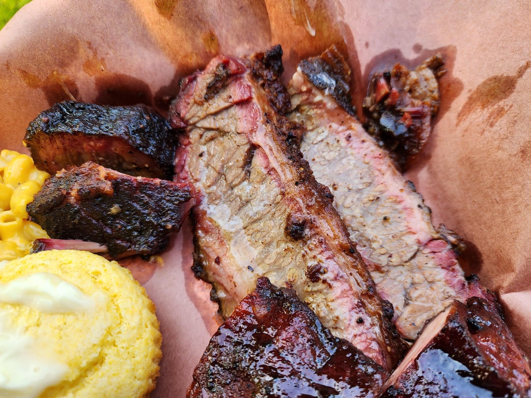 [Homemade] Smoked brisket, burnt ends, ribs, mac and cheese, baked ...