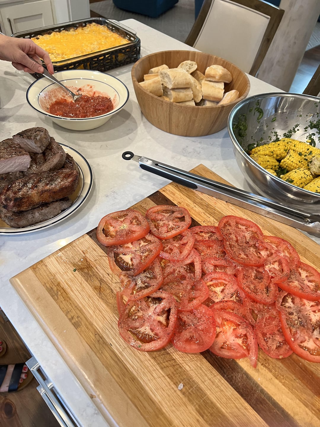 [homemade] Grilled chops with bourbon glazed peaches, spicy corn, fresh ...
