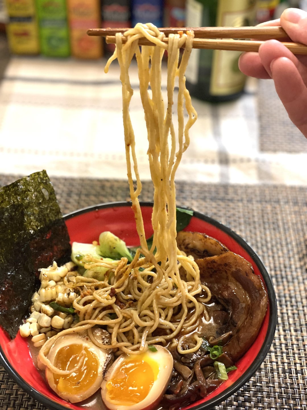 Miso ramen with chashu pork and black garlic oil. First time making ...