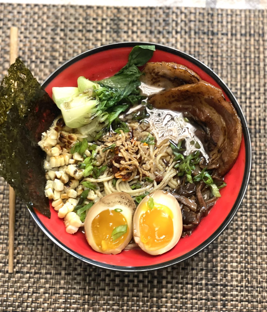 Miso ramen with chashu pork and black garlic oil. First time making ...