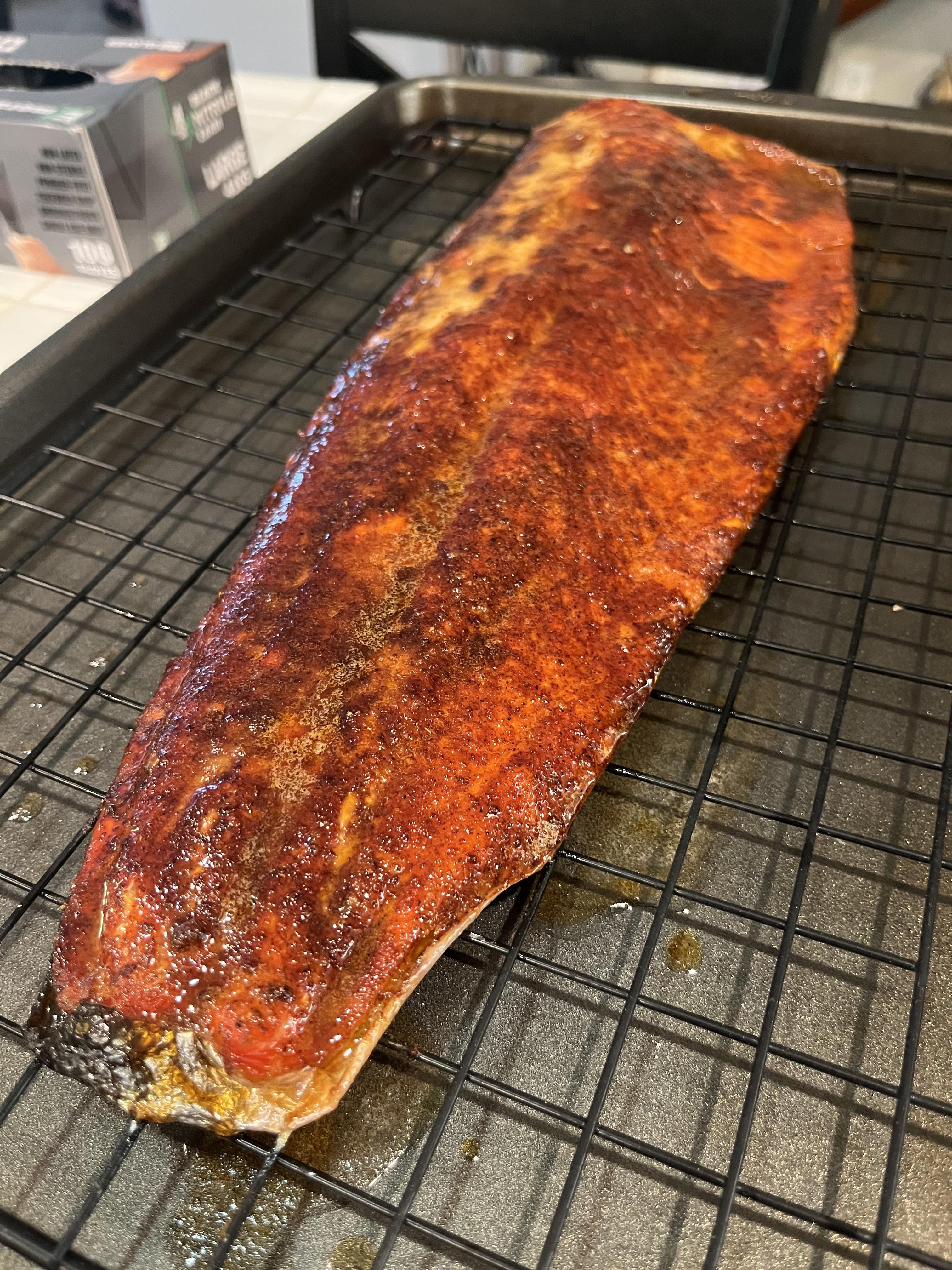 Smoked a big ol salmon filet and glazed it with butter maple sauce ...