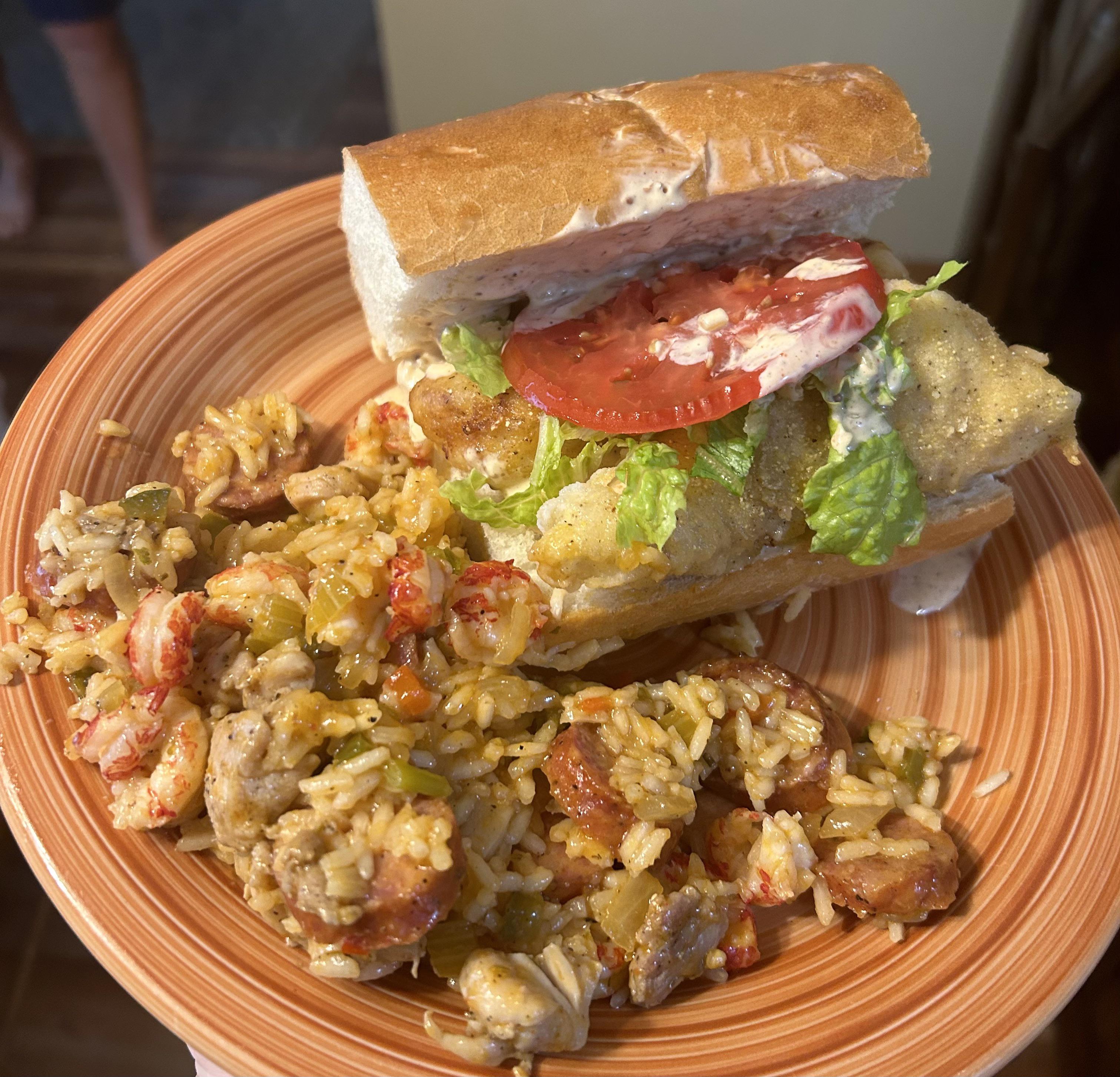 Po boy made from fresh caught walleye. With Crawfish Jambalaya as a ...