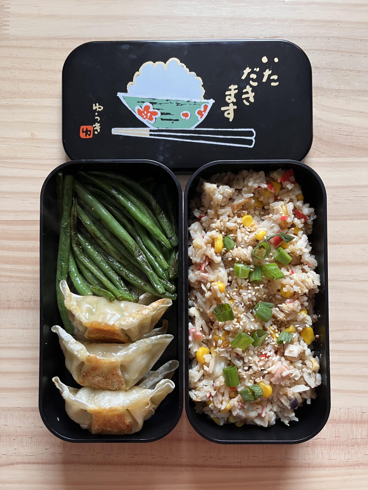 crab and sweetcorn egg fried rice with green beans and veggie gyoza ...