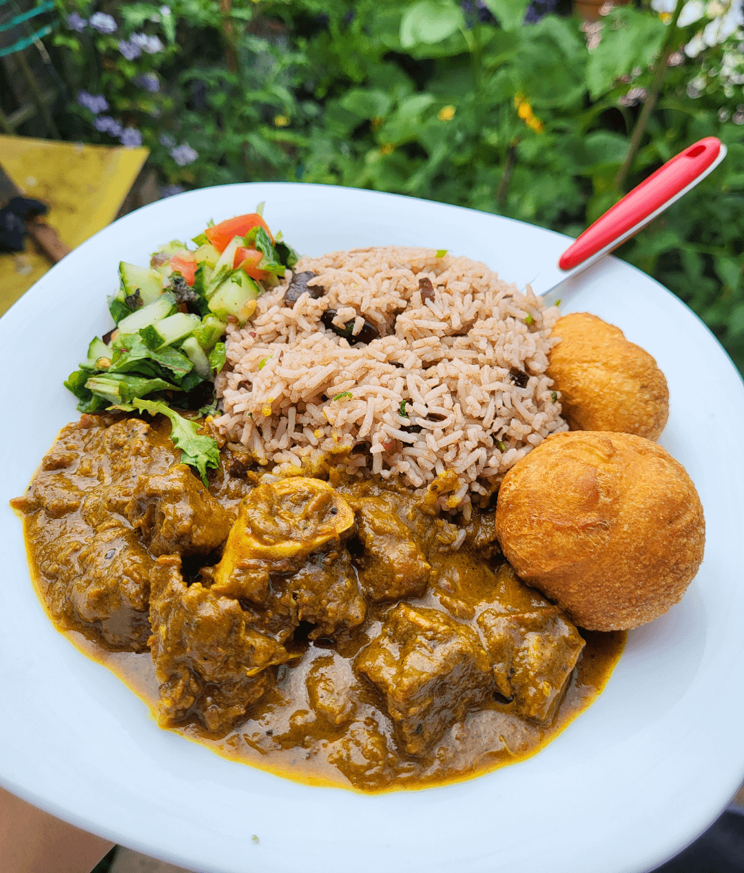 [OC] First attempt at Jamaican curry goat.. with rice and peas and ...