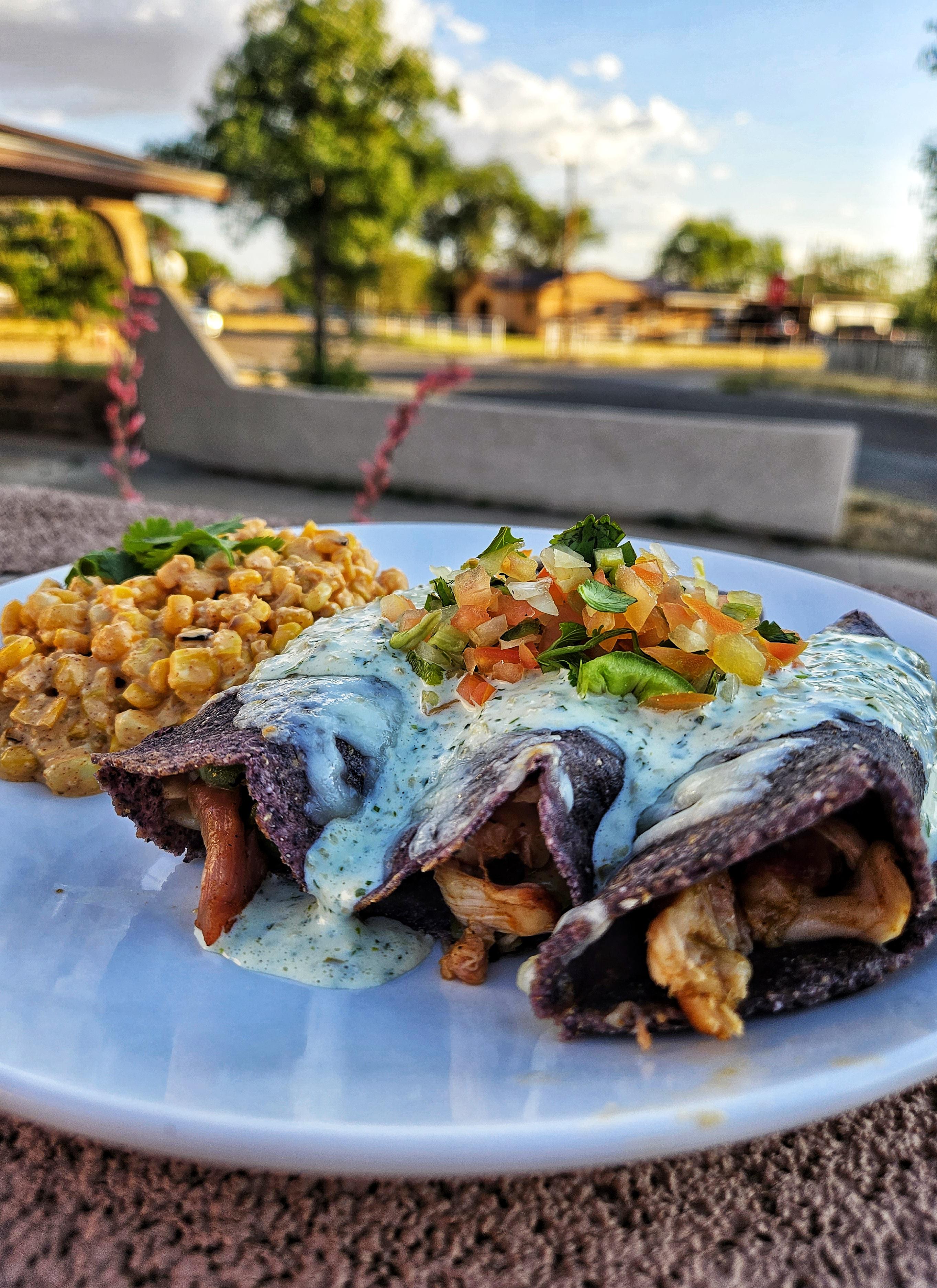 My wife made blue corn tortillas today and we collaborated on these ...