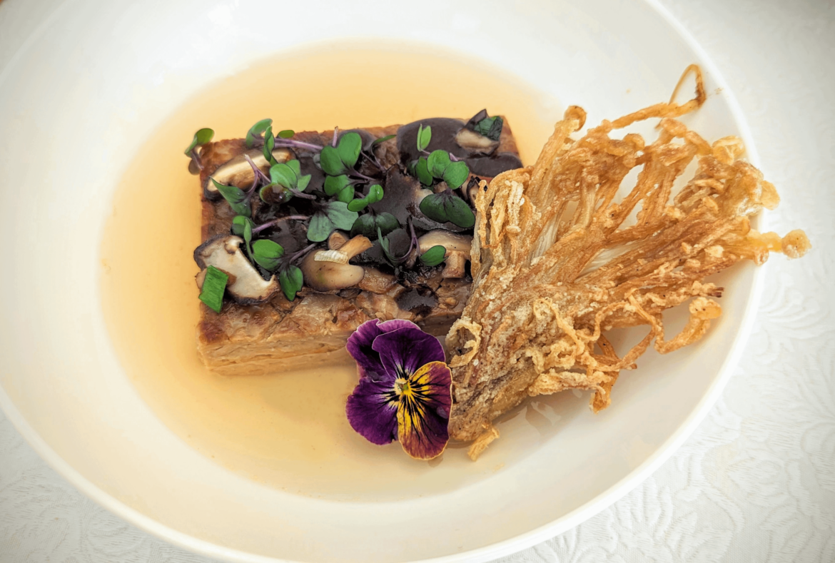 Teriyaki tempeh, black garlic emulsion, crispy tapioca enoki, shiitake ...