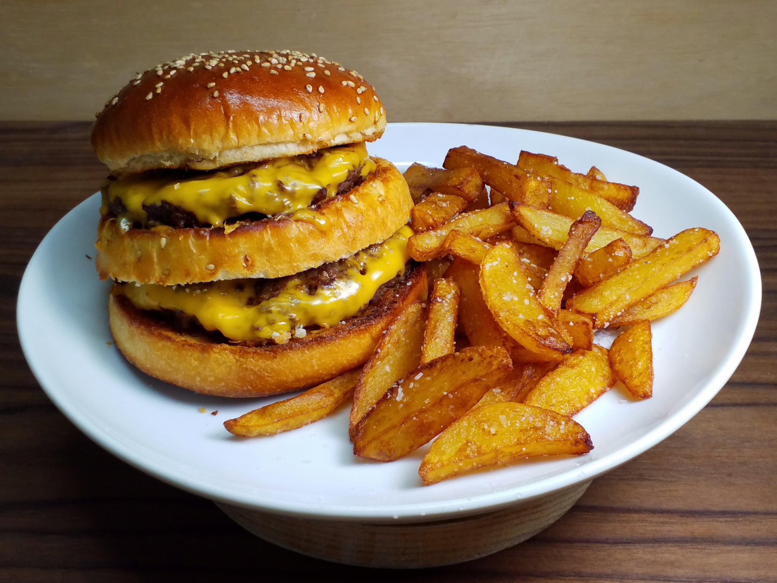 Plain Double Cheese Burger and Chips - Dining and Cooking