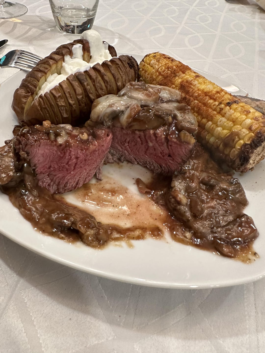[homemade] French onion Filet Mignon with Mexican street corn and baked ...