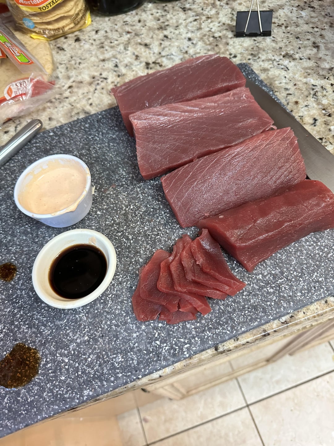 Bought myself a 2.5lb slab of yellowfin and made some nigiri, sashimi ...
