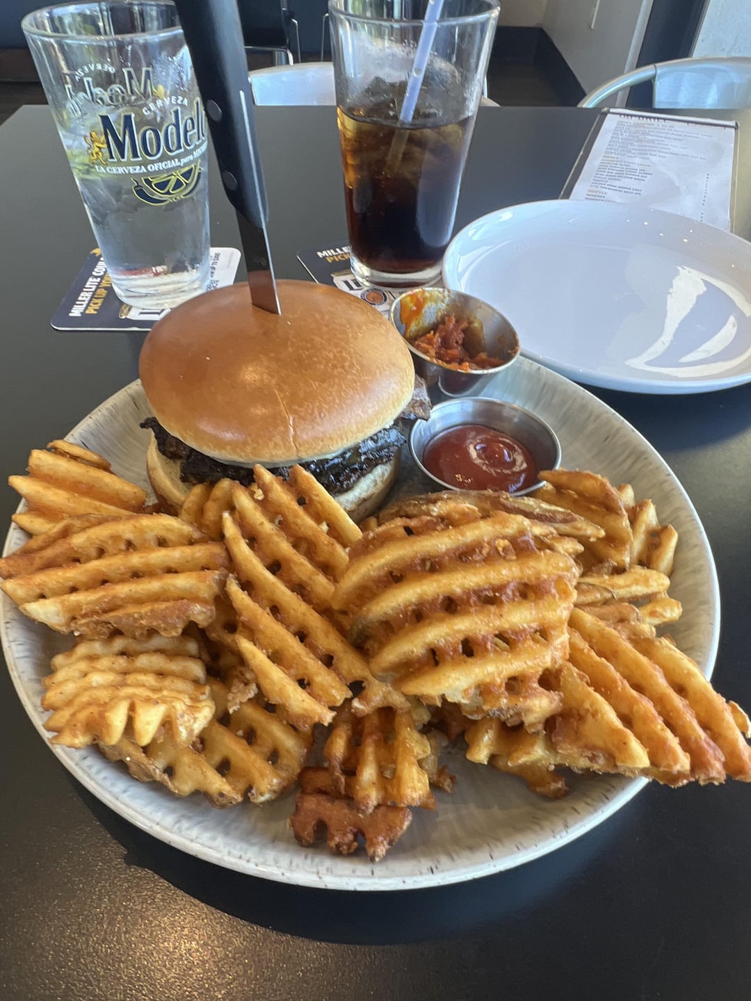 Bacon Burger & waffles fries, 2nd Pic is a scoop of smoked Marlin Dip ...