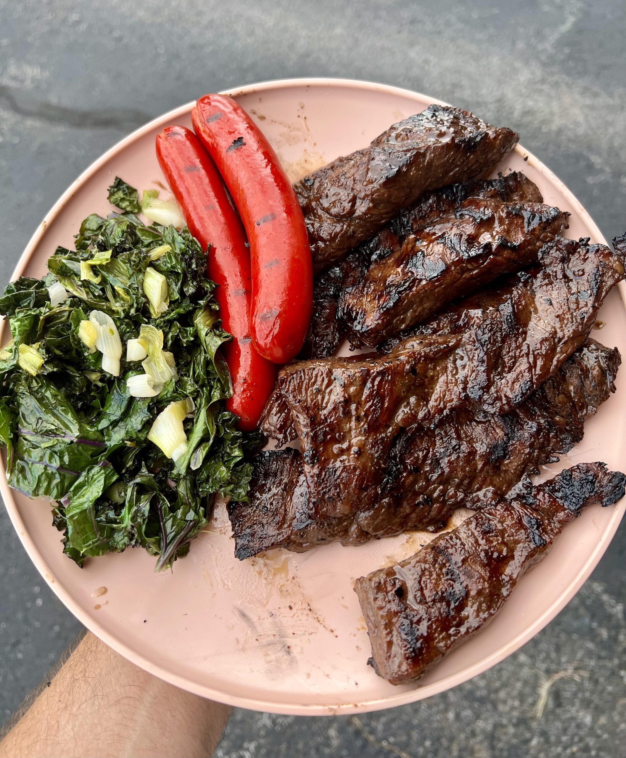 Marinated sirloin tips, red hots and side burner sautéed kale. - Dining ...