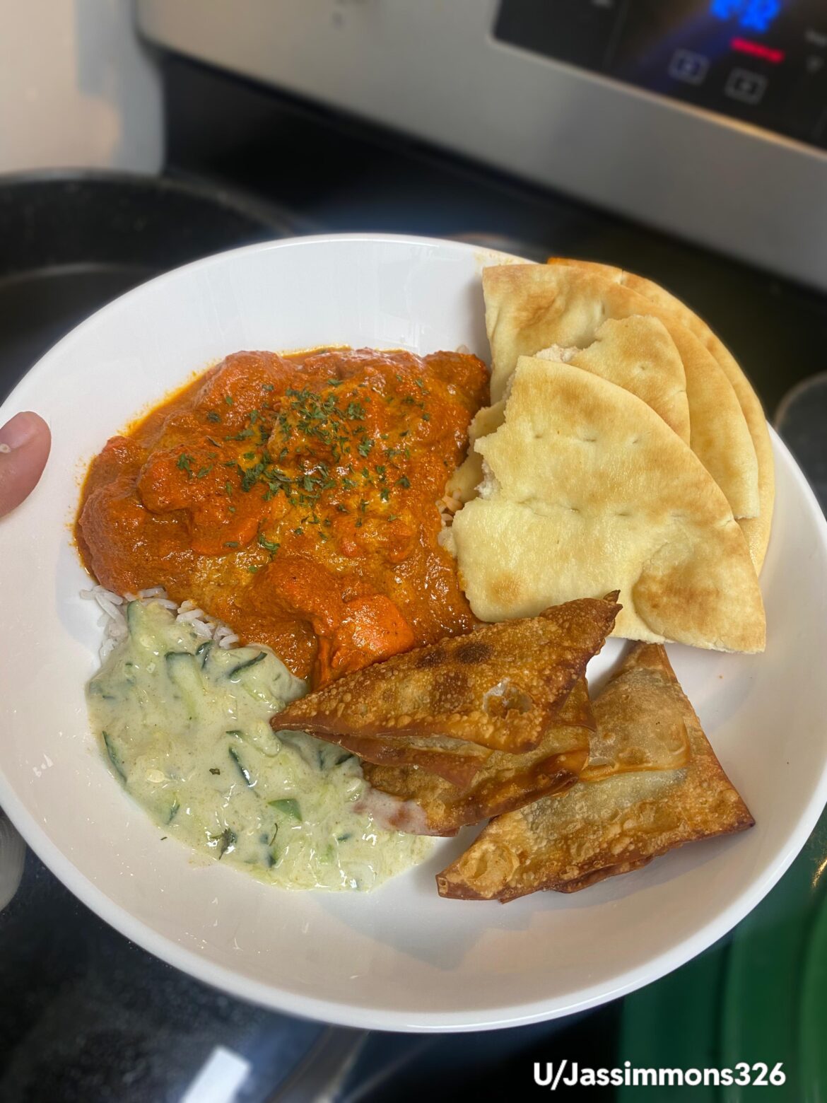 Indian butter chicken , pita bread, samosas with raita - Dining and Cooking
