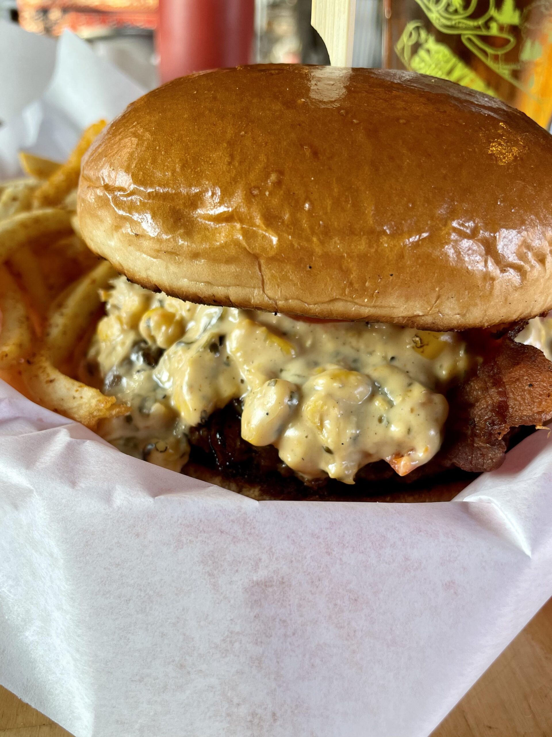 Tijuana Smash Burger. Grass Fed Beef Pattie, Elote Dip, Bacon, Cheddar ...