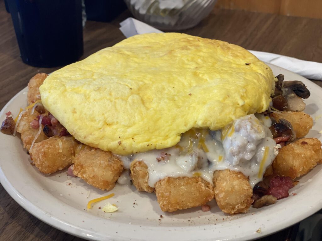 Breakfast at a local diner! Loaded breakfast tots…tater tots topped ...