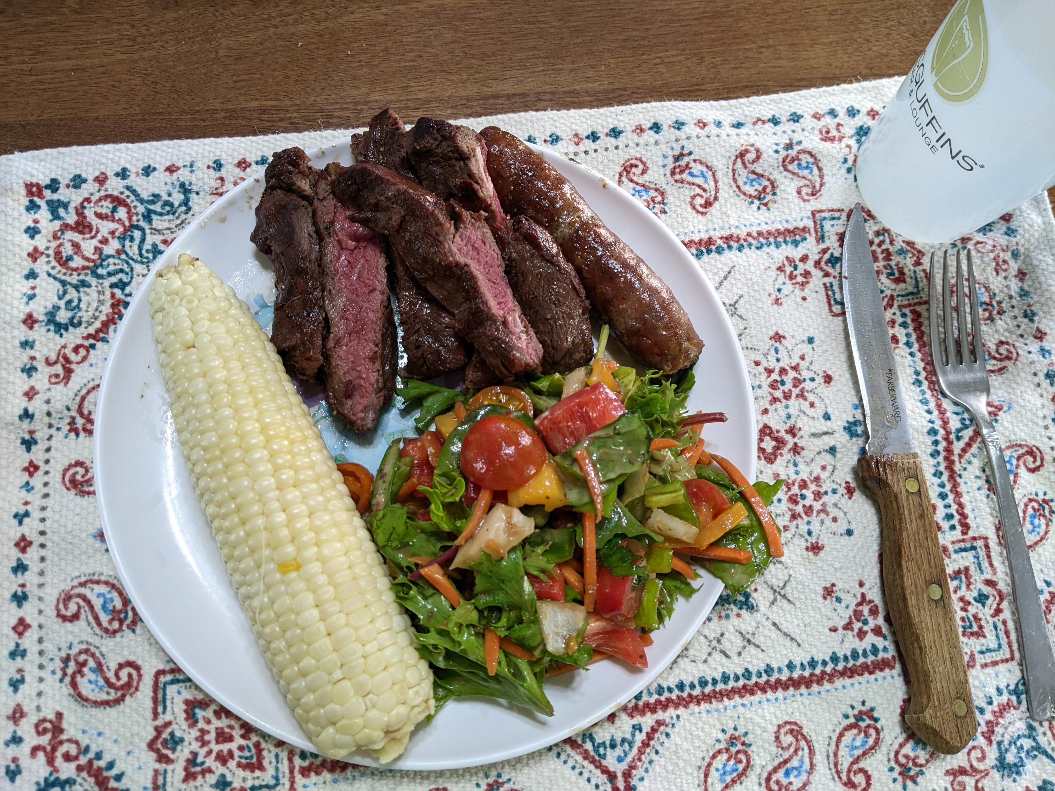 Labour weekend BBQ lunch: steak, sausage, salad, corn on the cob ...