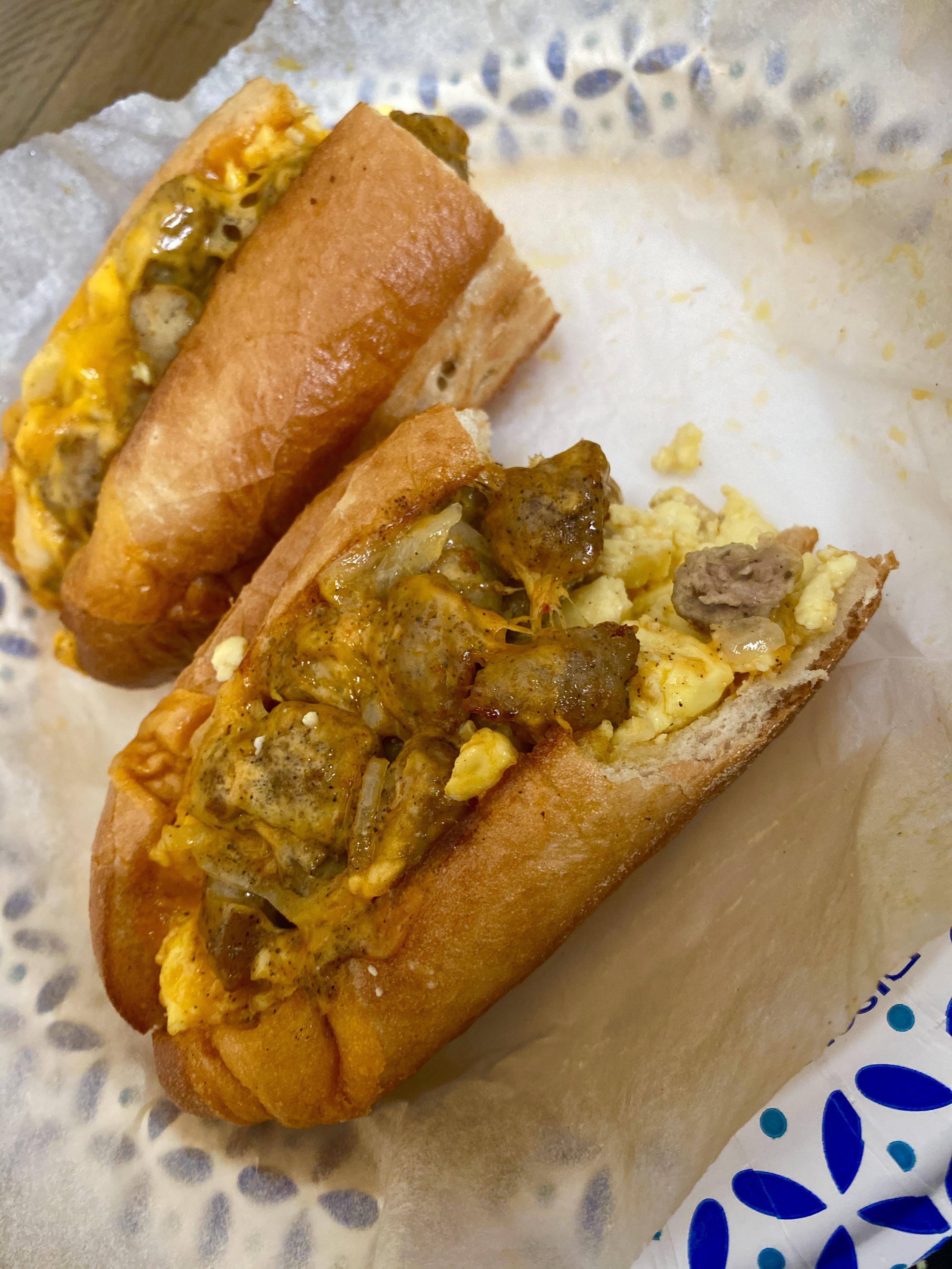 Sausage and eggs on a buttered roll. - Dining and Cooking