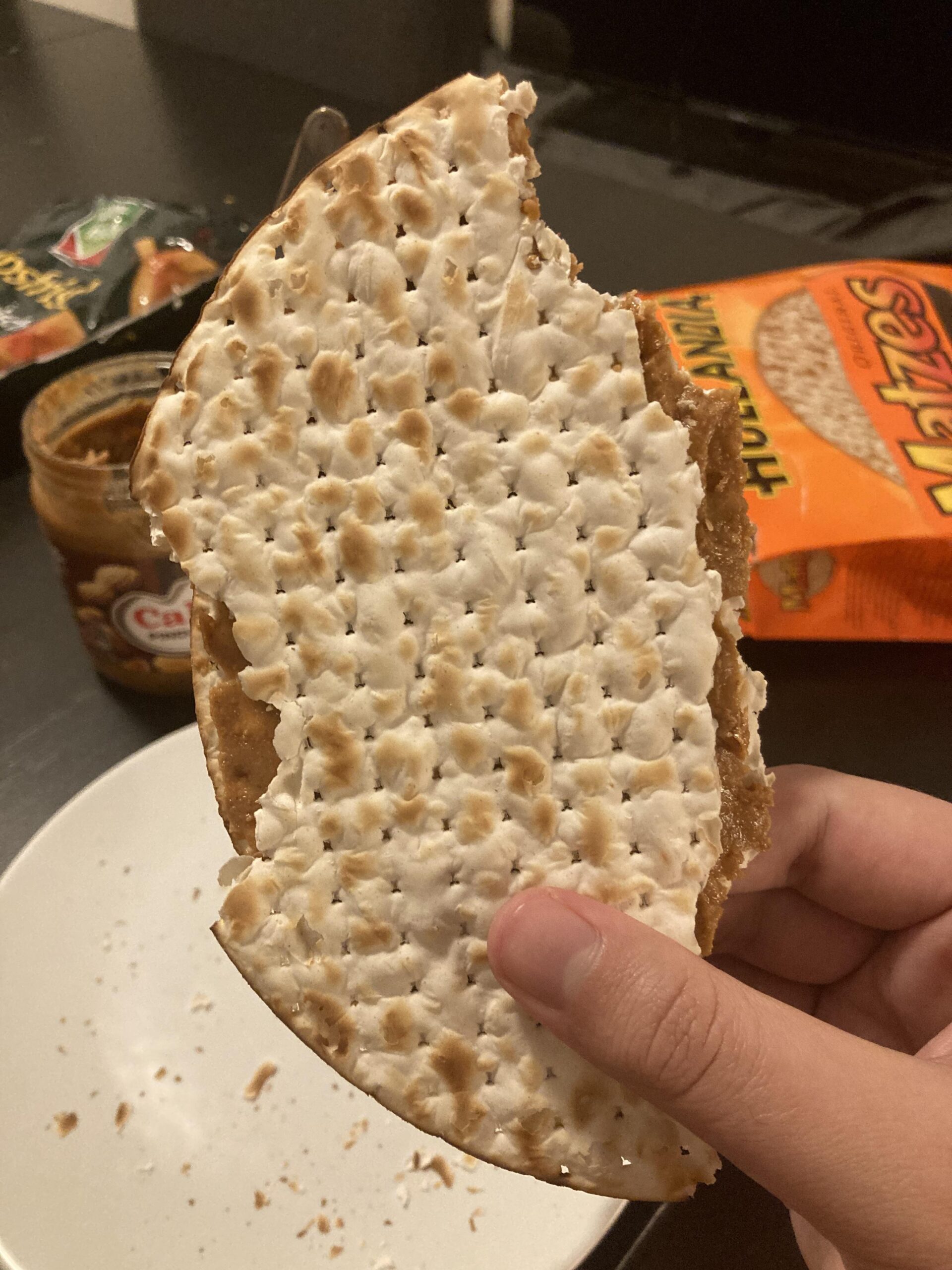 Eating matzah "tacos" with peanut butter because I have nothing else to ...