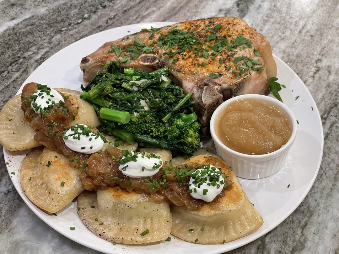 Dinner for my wife - thick cut pork chop with homemade apple sauce ...