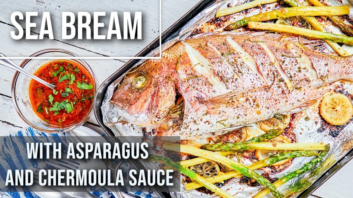 Oven baked sea bream with lemon, asparagus and moroccan sauce Charmoula ...