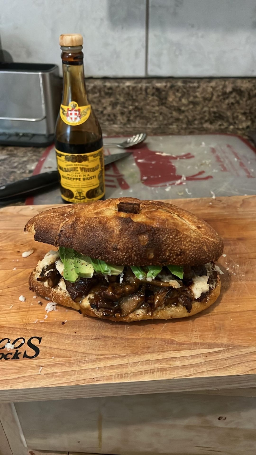 Shiitake mushroom melt on a bacon lardon and Gruyère baguette with ...