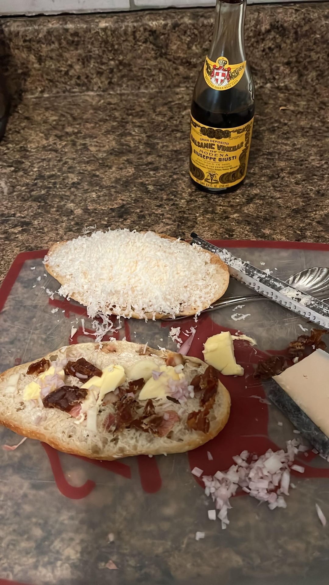 Shiitake mushroom melt on a bacon lardon and Gruyère baguette with ...