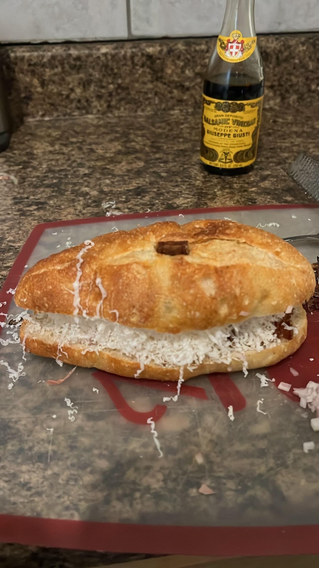 Shiitake mushroom melt on a bacon lardon and Gruyère baguette with ...