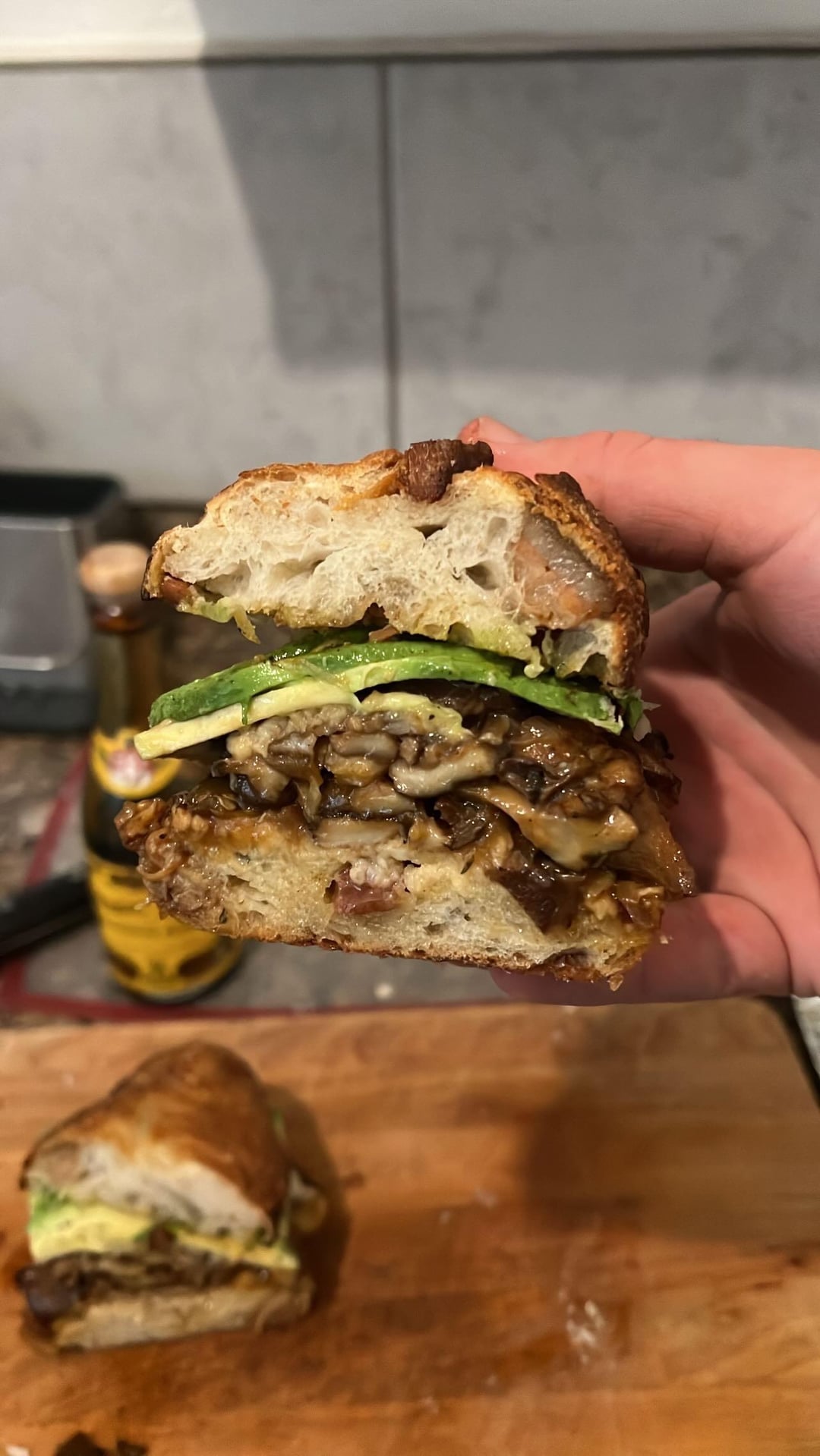 Shiitake mushroom melt on a bacon lardon and Gruyère baguette with ...