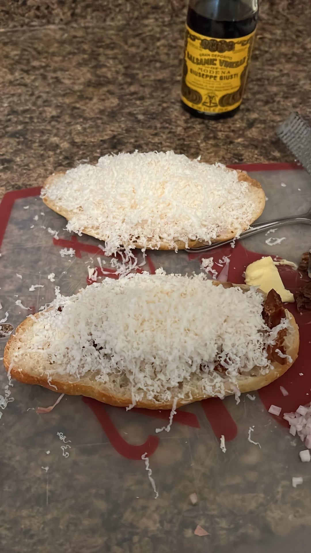 Shiitake mushroom melt on a bacon lardon and Gruyère baguette with ...