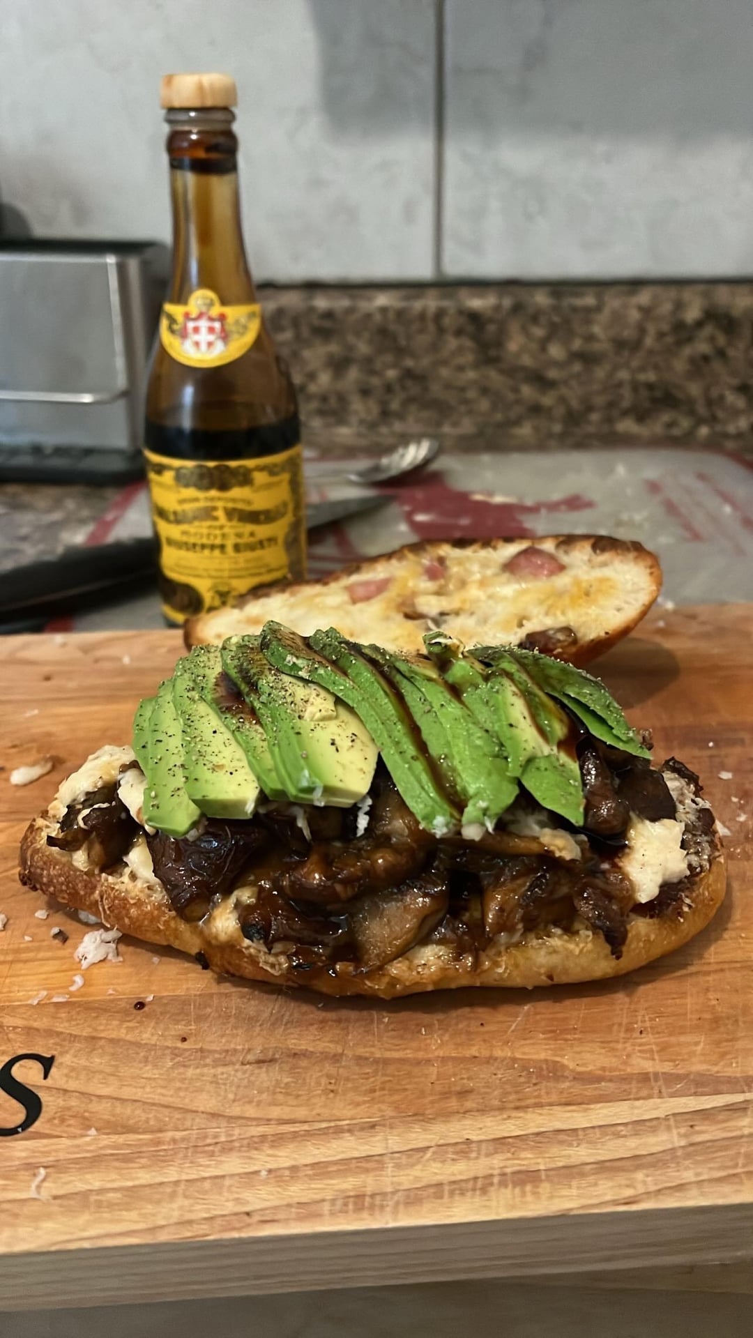 Shiitake mushroom melt on a bacon lardon and Gruyère baguette with ...