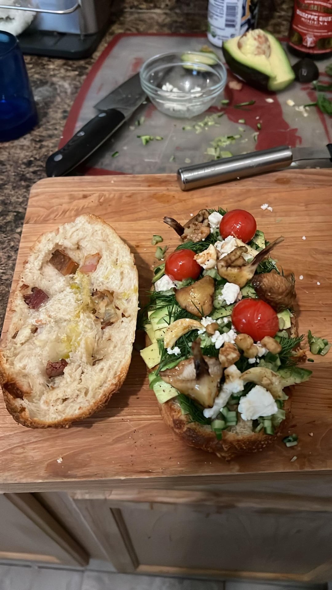 Breakfast sandwich on bacon lardon and Gruyère bread with dressed ...