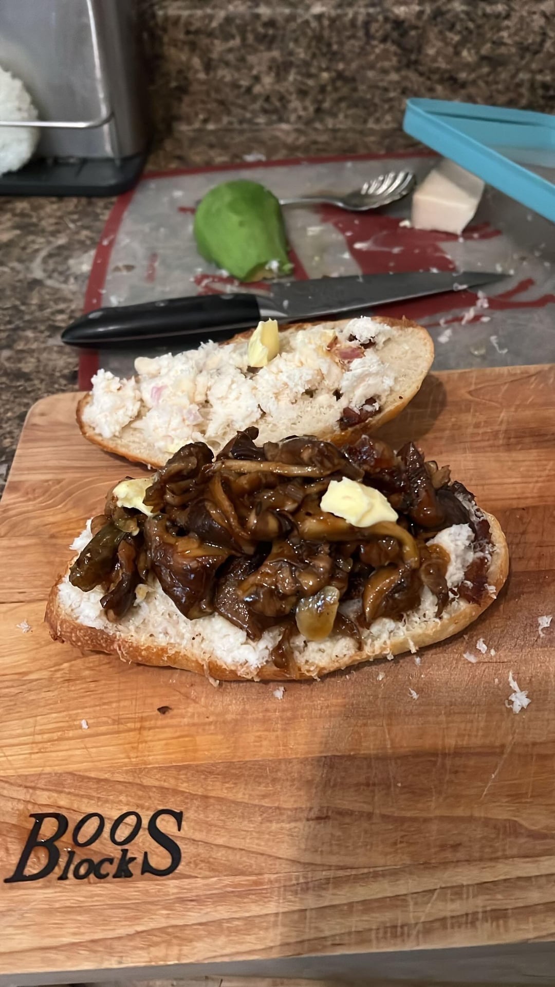 Shiitake mushroom melt on a bacon lardon and Gruyère baguette with ...