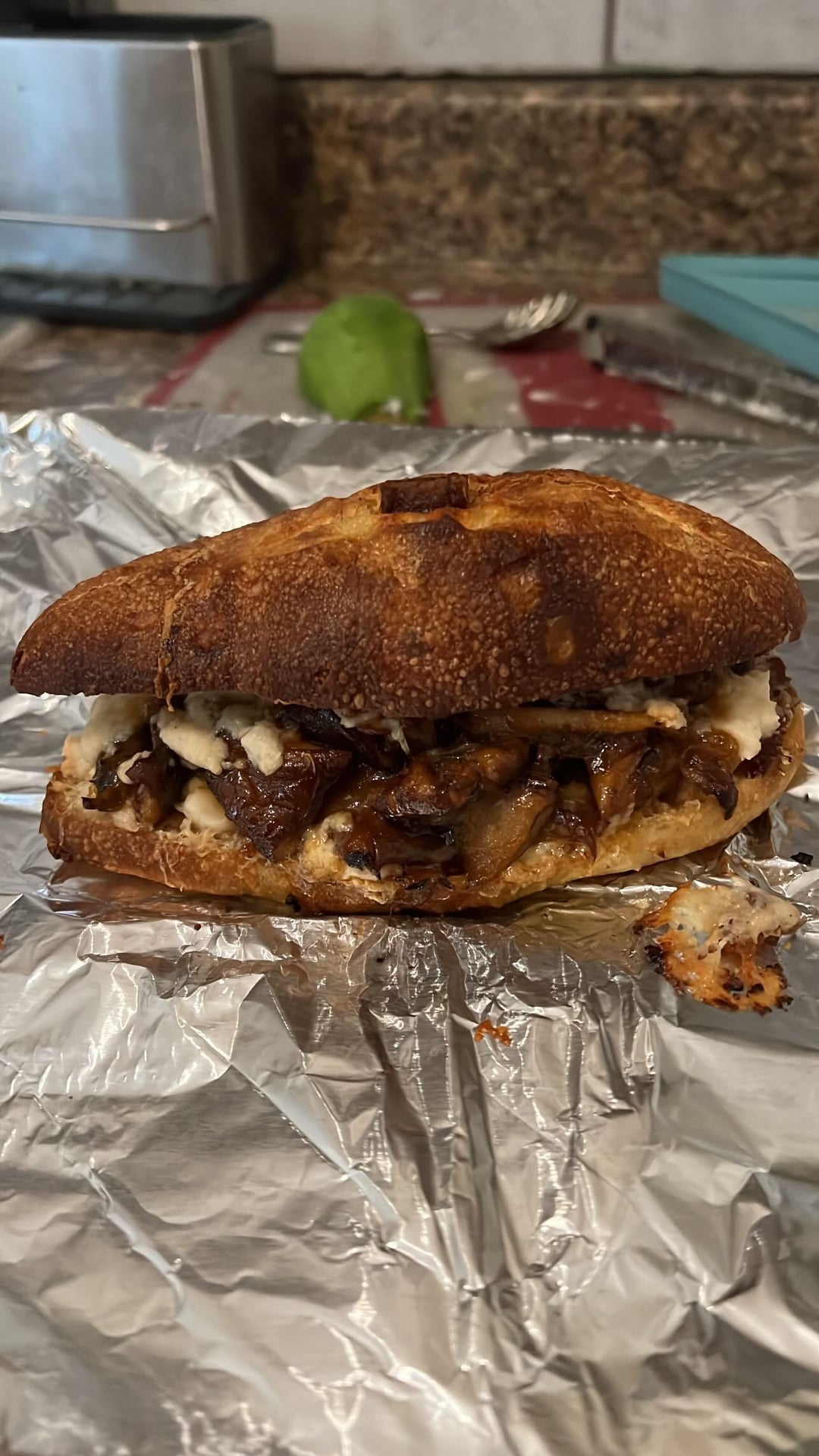 Shiitake mushroom melt on a bacon lardon and Gruyère baguette with ...