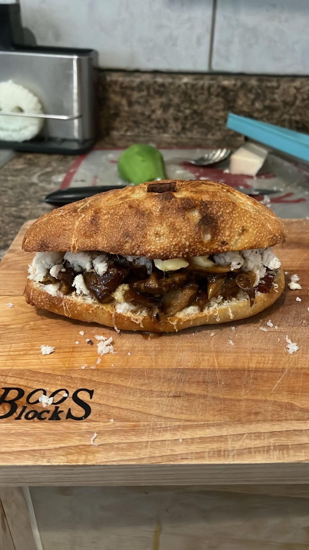 Shiitake mushroom melt on a bacon lardon and Gruyère baguette with ...