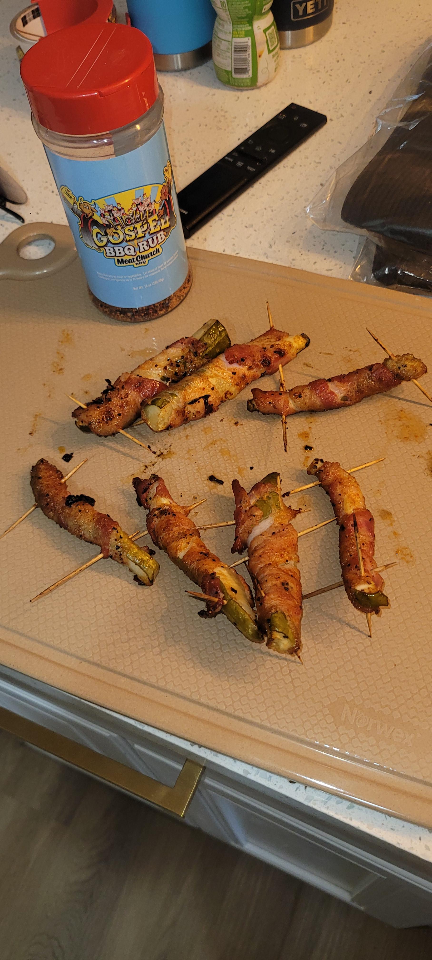 Smoked bacon wrapped pickles with some Holy Gospel. - Dining and Cooking