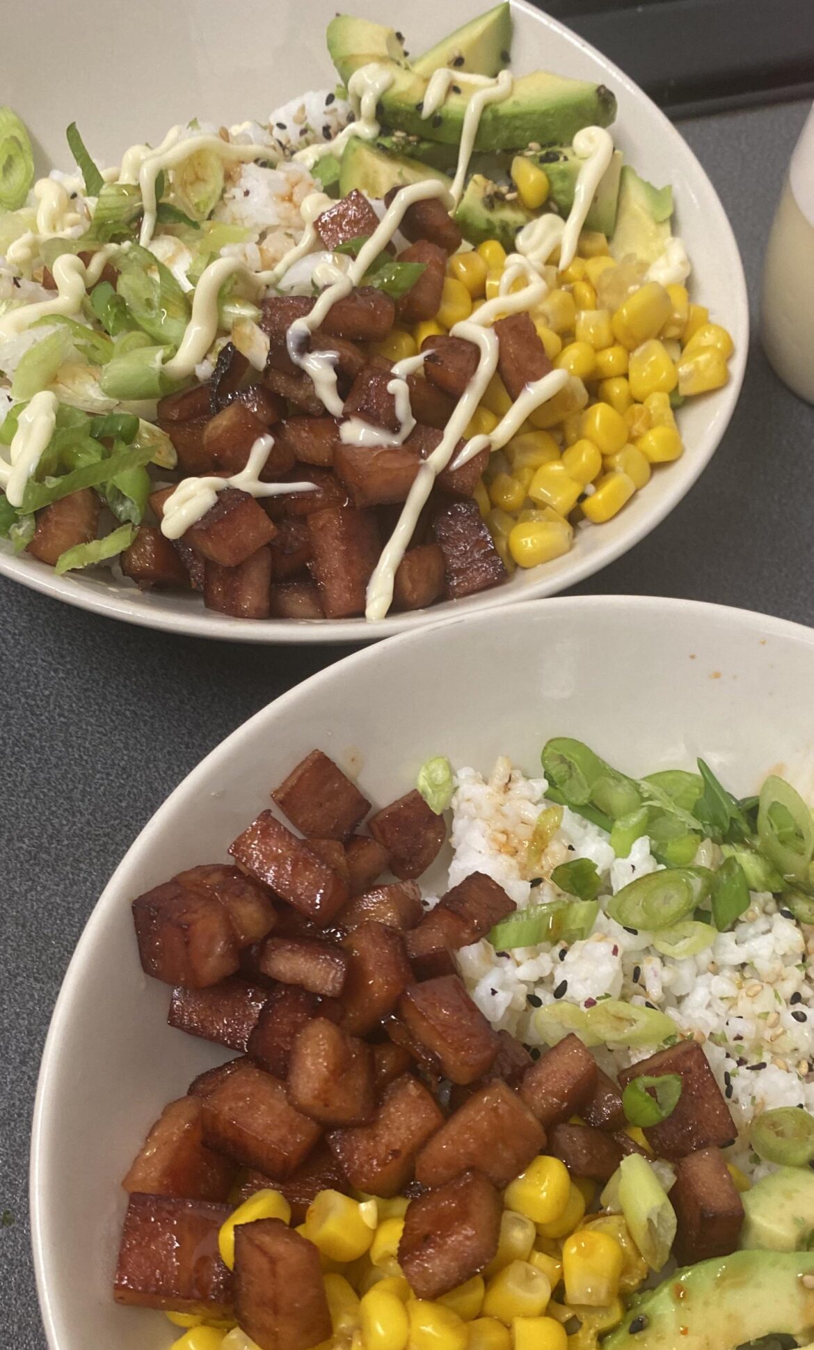 Something I threw together with leftover spam, avocado + sushi rice ...